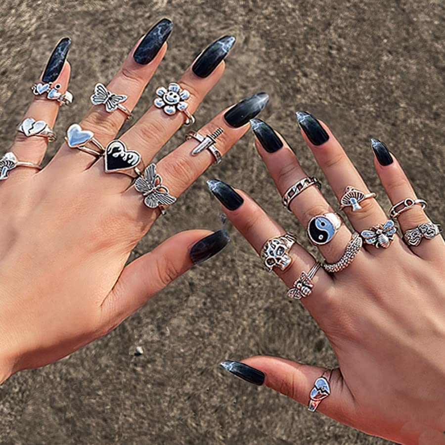 THUNARAZ Vintage Silver Gothic Punk Rings for Women Men Adjustable Skull Snake Frog Vintage Stackable Hippie Eboy Rings Cool Goth Ring Pack Y2K Jewelry Set