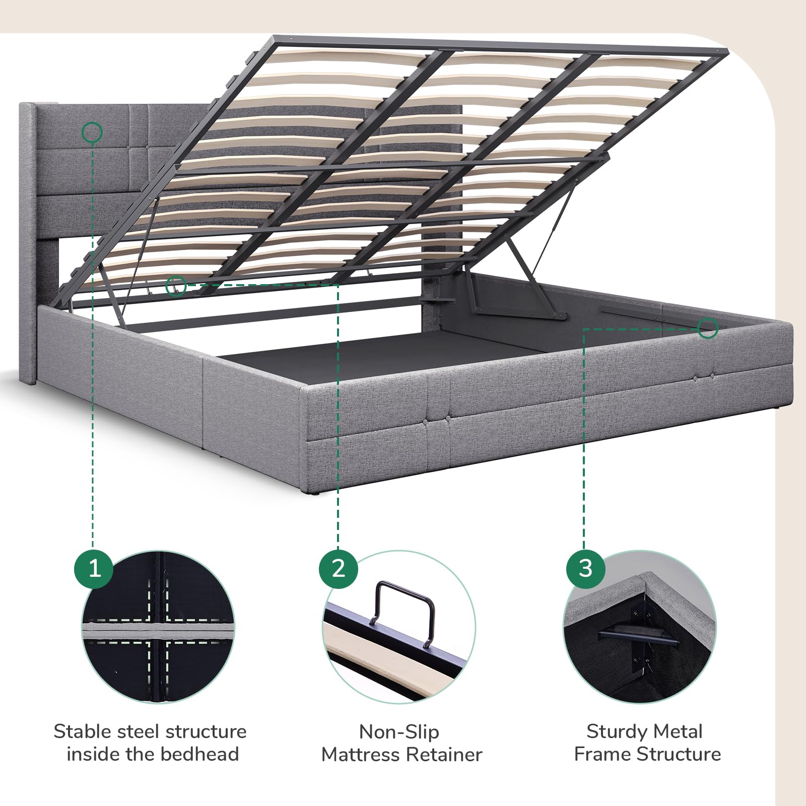 Novilla King Size Lift Up Storage Bed, with Fabric Headboard, Hydraulic Storage, No Box Spring Needed, Wood Slats Support, Upholstered Platform Bed Frame, Easy Assembly, Gray