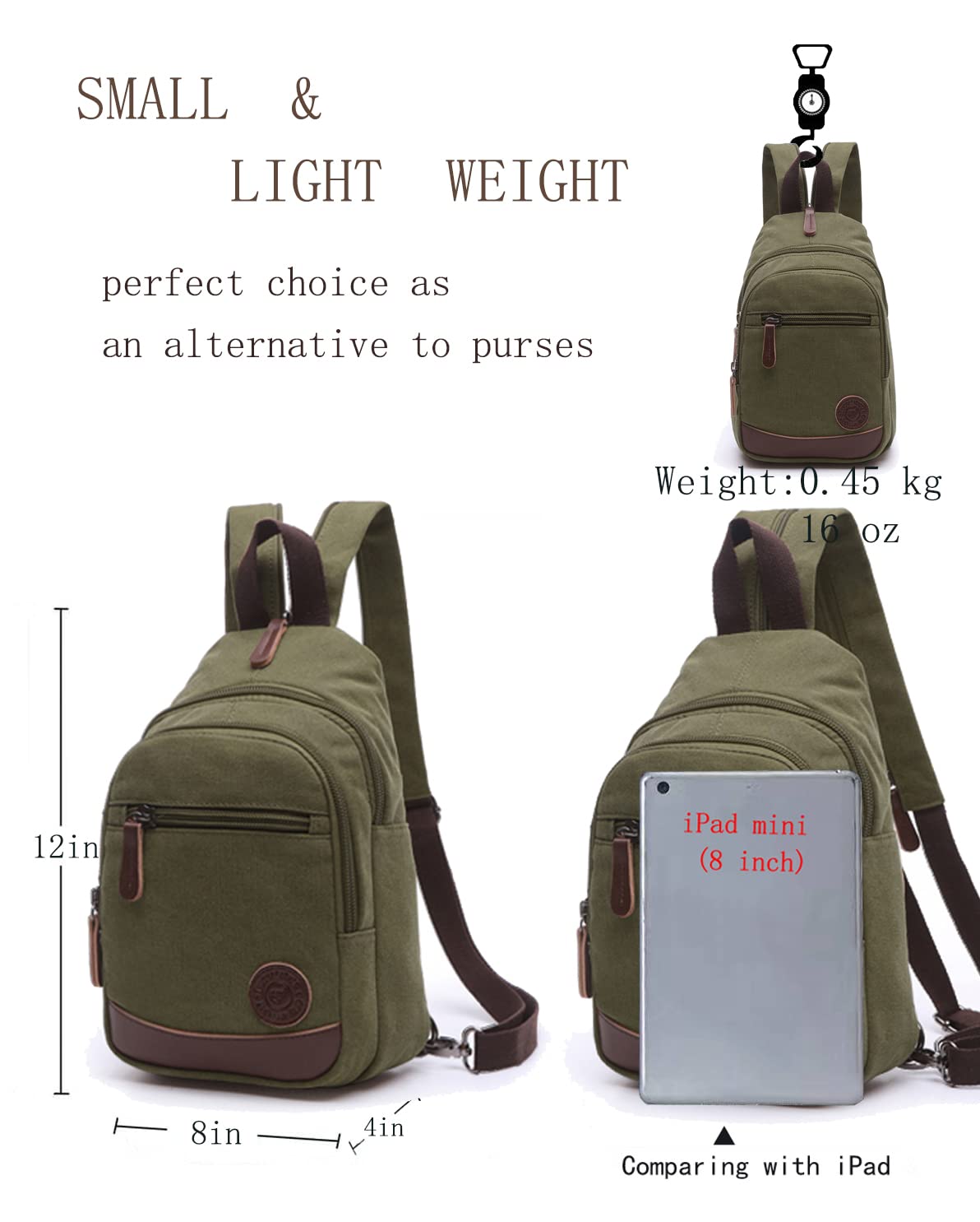UISKOOPW Small bookbag purse for women, Adjustable Straps Mini Backpack Multiple Compartment Pockets Crossbody Backpack Purse for Women or Man (Military Green)