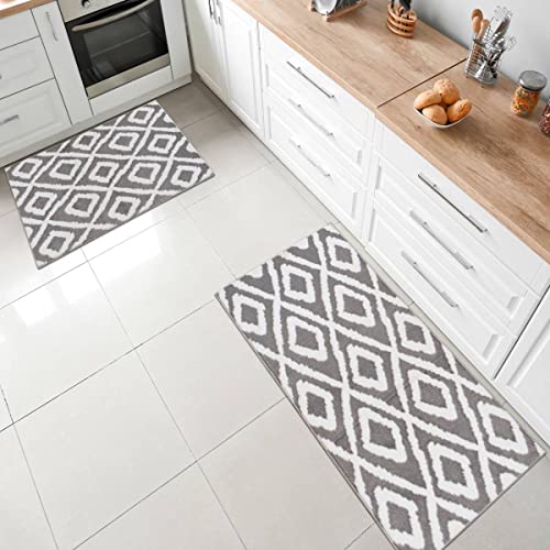 The Sofia Rugs Kitchen Rug Set 2 Piece Absorbent, Non-Slip Kitchen Mats for Floor - Washable Kitchen Runner Rugs and Mats for Bathroom, Laundry Room, Farmhouse Style Gray, 48x20in/30x20in