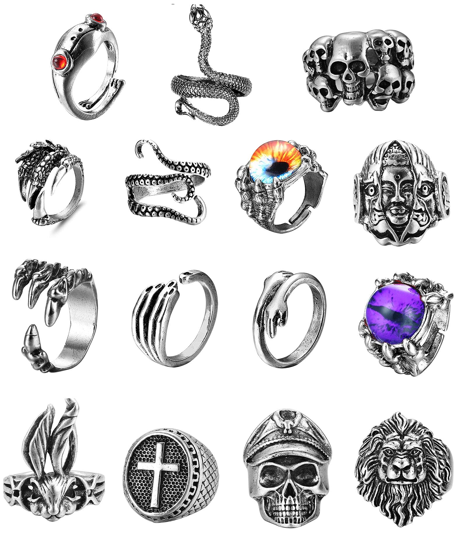 Subiceto 15 Pieces Vintage Punk Rings Adjustable Gothic Rings for Women Men Frog Octopus Snake Skull Claw Cool Rings Set Jewelry