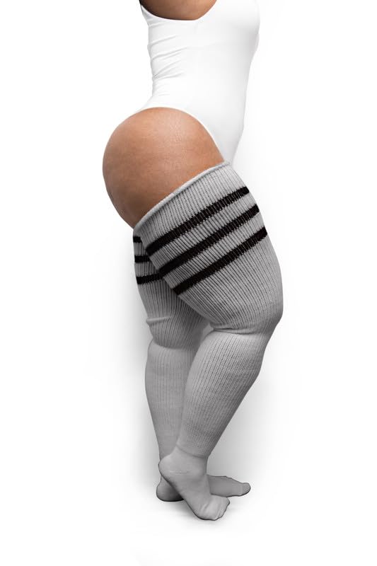 Thunda Thighs Plus Size Thigh High Socks, Over the Knee High Boot Stockings Leg Warmers, Extra Long & Thick Socks Grey & Black Stripes