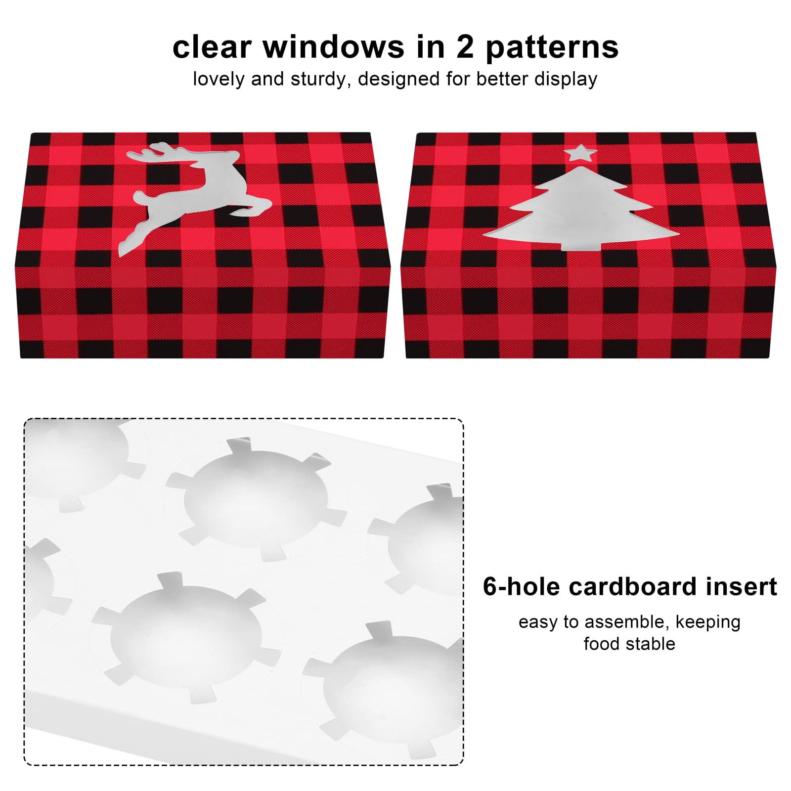 Ruisita 30 Pack Christmas Cupcake Boxes Plaid Red Black Paper Cupcake Carriers Bakery Box with Inserts and Window Cake Carrier Container Cookie Gift Boxes 6 Holders for Dessert, Pastries, Cake, Muffin