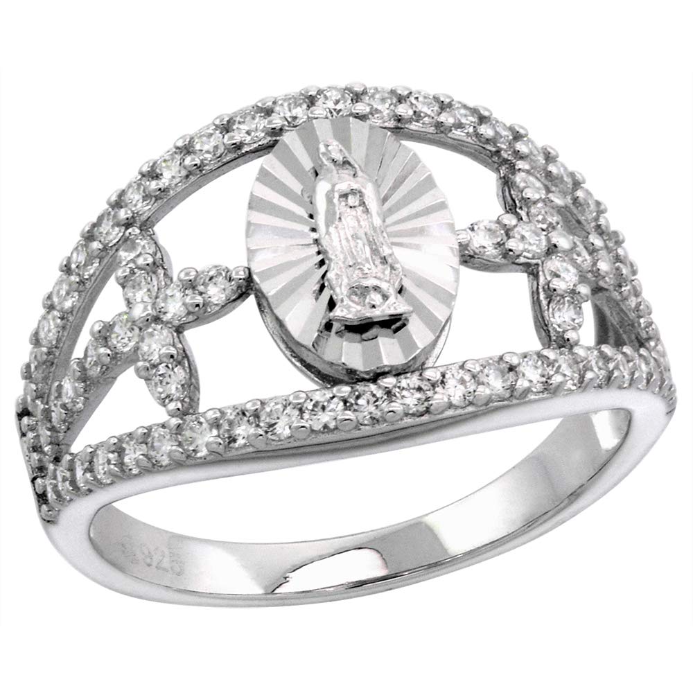 Sterling Silver Micropave CZ Guadalupe Ring for Women Cross Sides Split Shank Diamond Cut Halo Rhodium Finish size 9