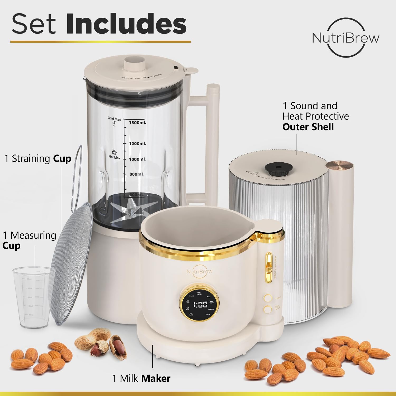 NutriBrew 50oz Automatic Nut Milk Maker Machine (1500 ml) Homemade Almond, Oat Soy Milk & More Plant Based Milk and Dairy Free Beverages Intelligent Functions With Delay Start and Easy Brew.