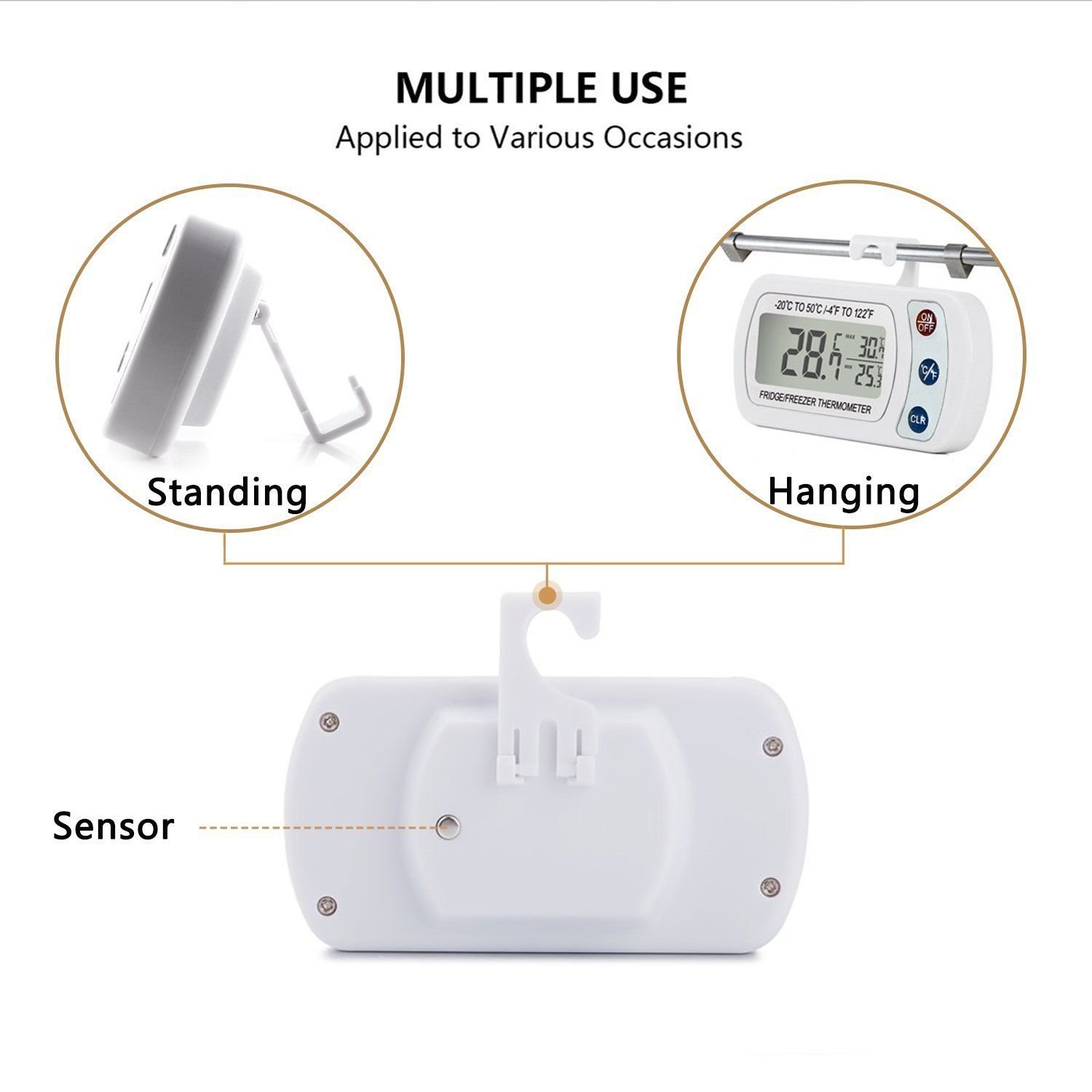 ZEZHOU Digital Refrigerator Thermometer 2Pack - IPX3 Waterproof Wireless Freezer Room Temperature Monitor with Hook, Large LCD Easy to Read Display & Max/Min Record Function for Indoor/Outdoor