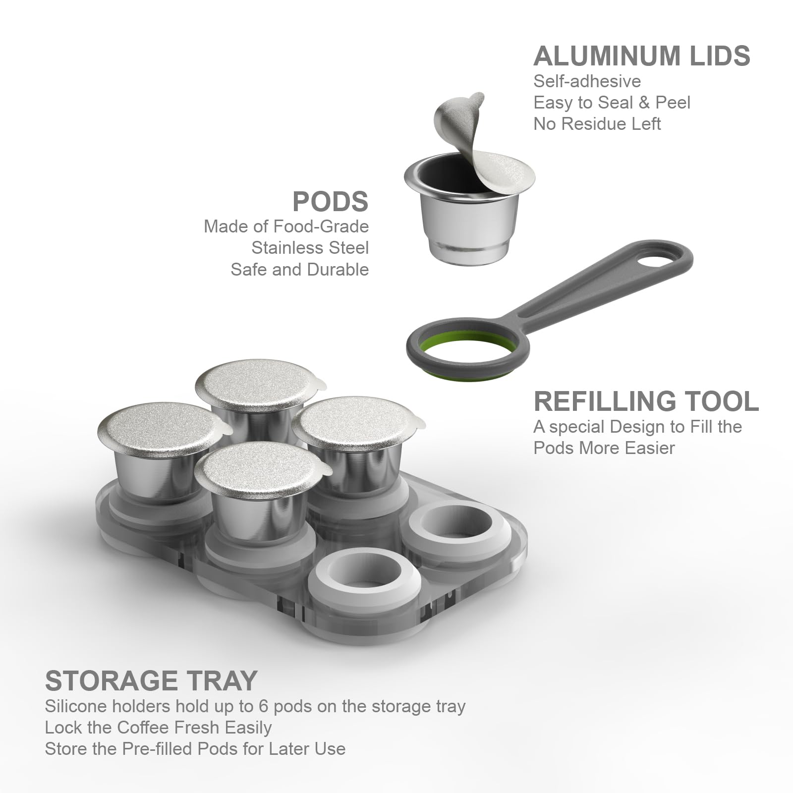 Triplot Reusable Capsules for Nespresso OriginalLine - 6pcs Refillable Coffee Pods,Stainless Steel Cups Compatible for Nespresso OriginalLine Machine (6Pods+100pcs Lids+Tray+Refilling Tool&Tamper)