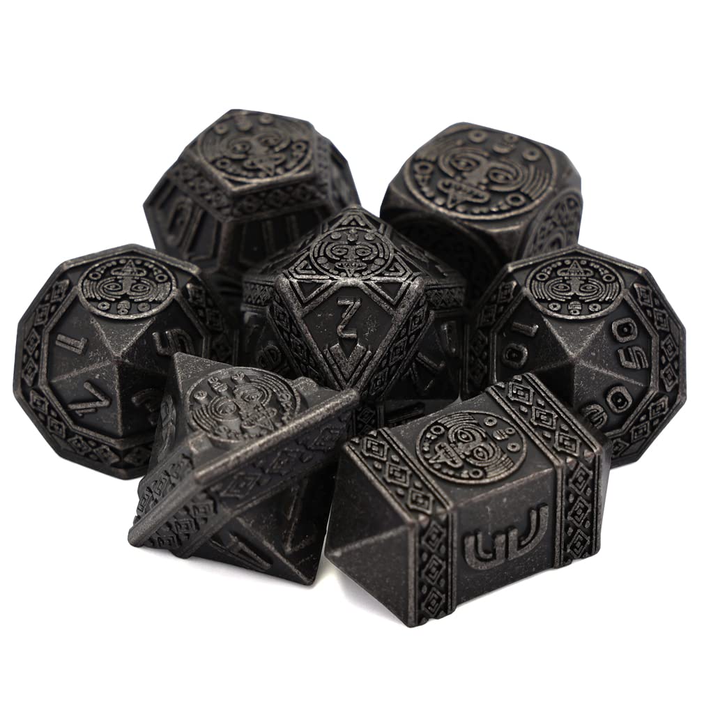 YEMFIRE Original Mayan Dice,7 PCS Solid Metal Dice for Role-Playing Game D&D,Polyhedral RPG Dice Set for Board Game MTG D20 Dice (Rolled Nickel Plating)