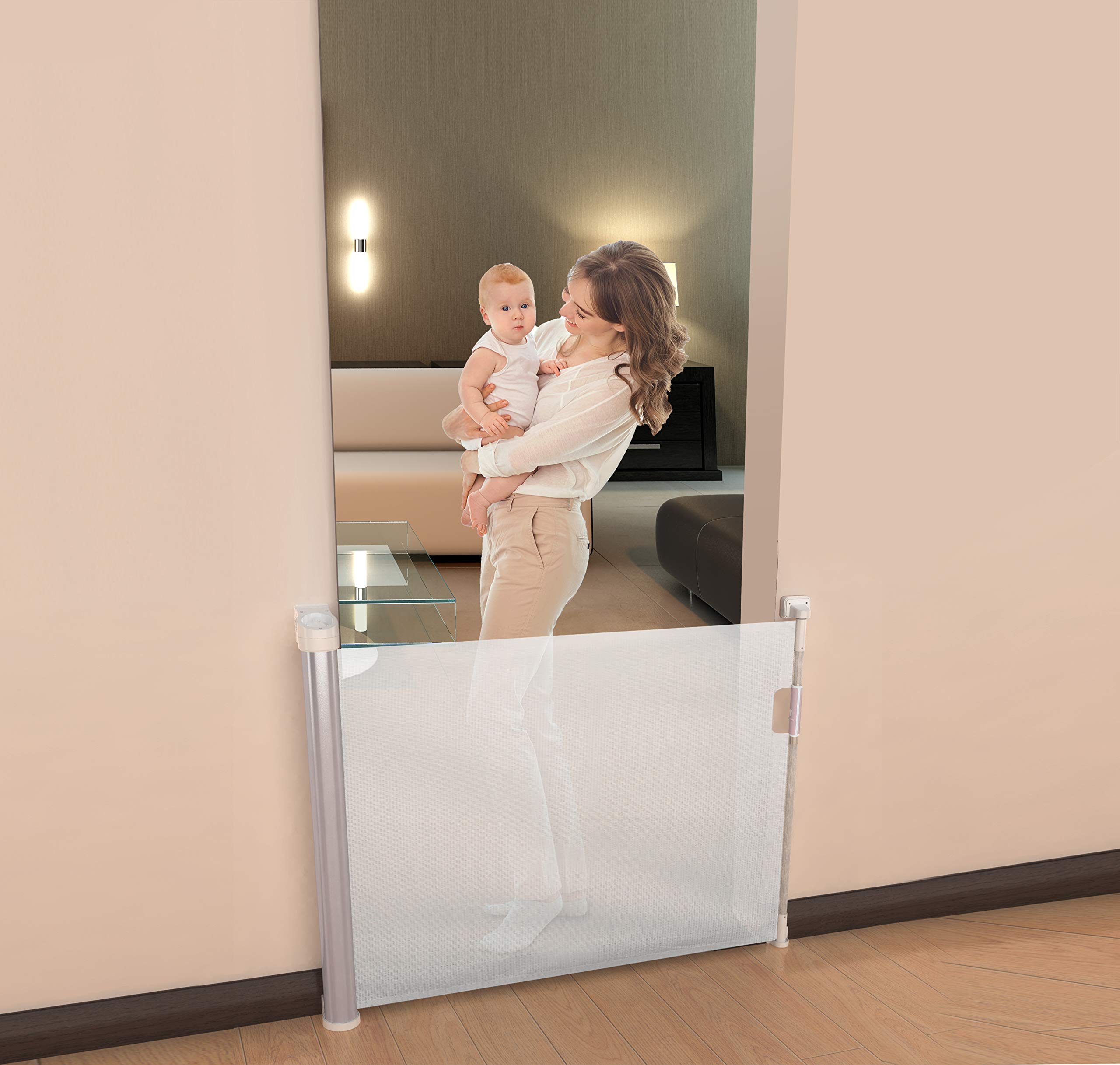 Retractable Baby Gate Support Three Directions 52 INCH Wide Mesh Safety Gate with Easy Latch and Flexible Design for Stairs, Doors,Most Spaces