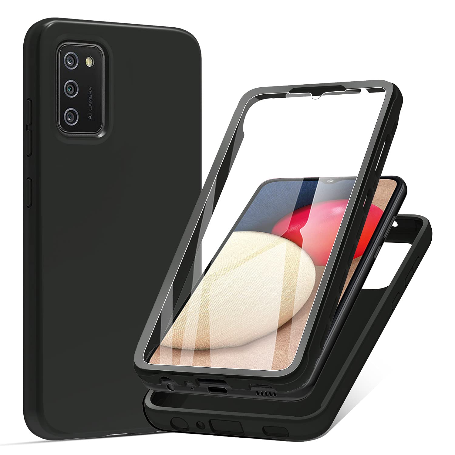 PULEN for Samsung Galaxy A02S Case with Built-in Screen Protector,Rugged PC Front Cover + Soft TPU Non-Slip Back Cover, Shockproof Full-Body Protective Case Cover (Black)