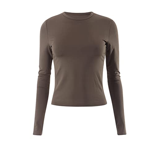 Women Spring Slim Fit Long Sleeve T Shirts Y2k Crewneck Solid Basic Tees Athletic Tight Crop Top Fashion Streetwear Khaki