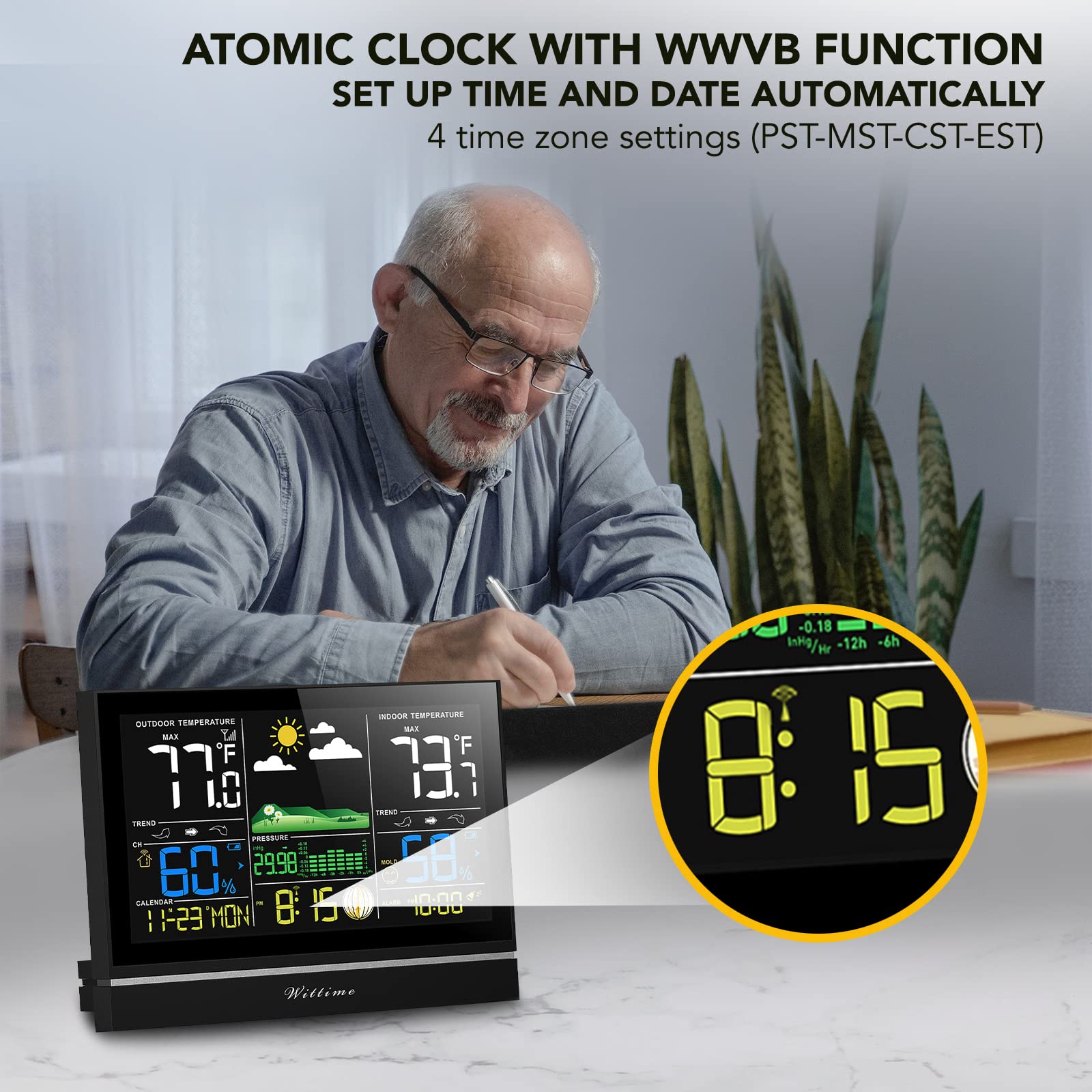 Wittime 2076B Weather Station with Atomic Clock Wireless Indoor Outdoor Thermometer Temperature and Humidity Monitor Inside Outside Barometer with Temp Sensor