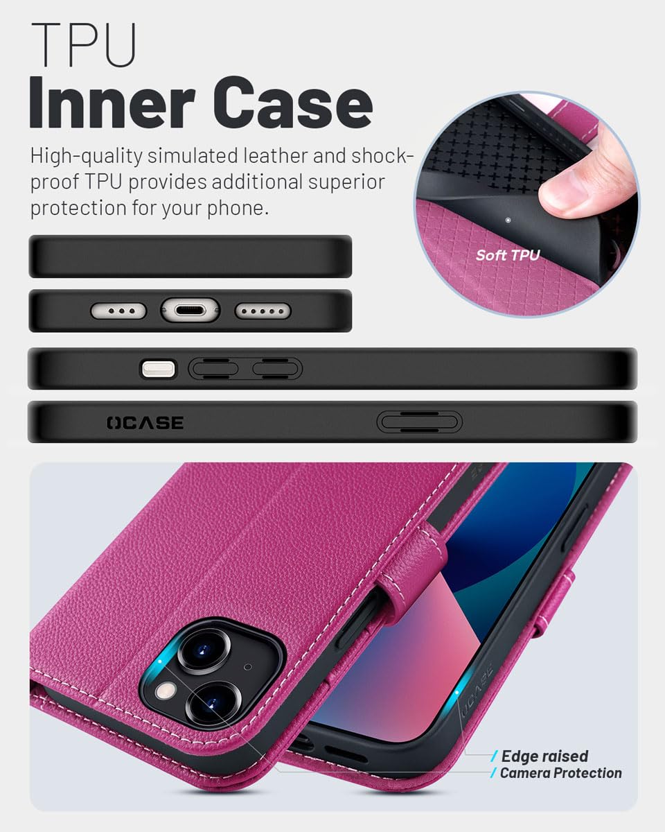 OCASE Compatible with iPhone 15 Plus Wallet Case, PU Leather Flip Folio Case with Card Holders RFID Blocking Kickstand [Shockproof TPU Inner Shell] Phone Cover 6.7 Inch 2023, Litchi Rose