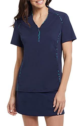 Tribal Women's S/S V Neck Zip UP TOP W/FRT Piping DTL-Nautical, Medium