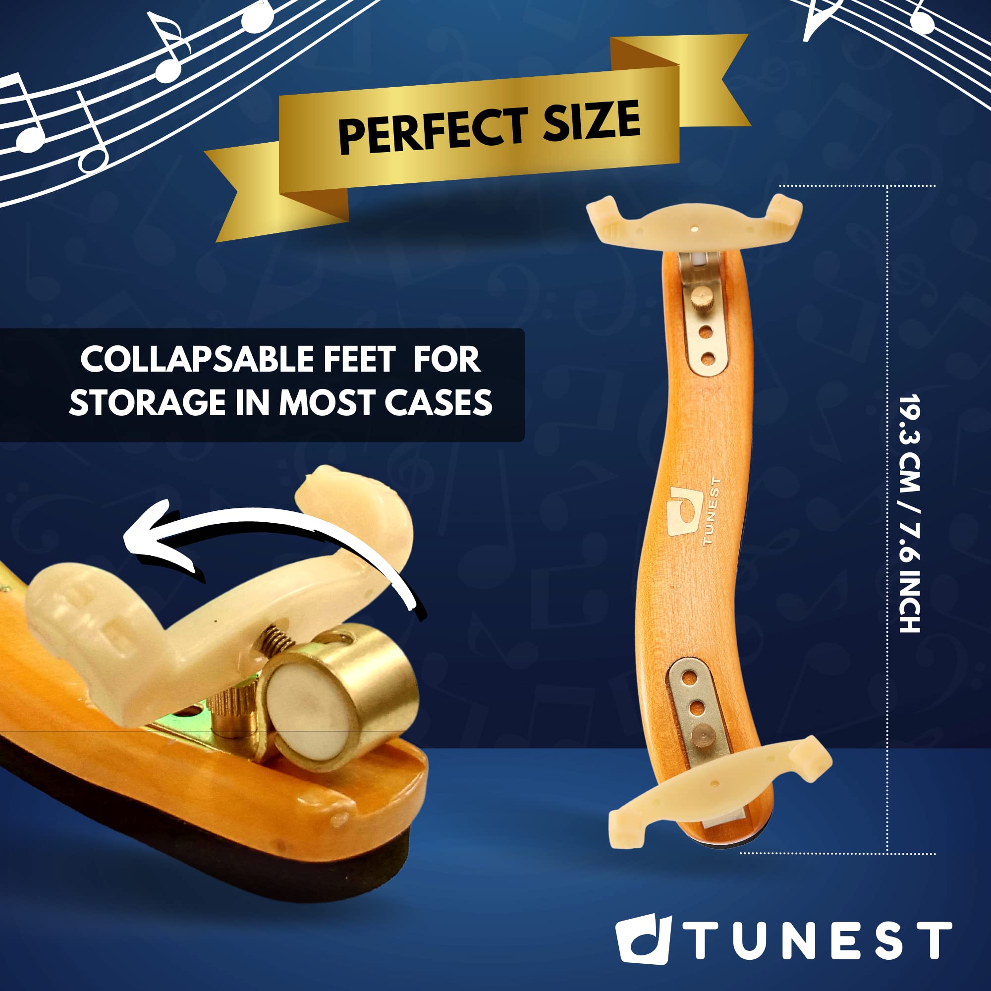 TUNEST 3/4-4/4 Size Violin Shoulder Rest - Solidwood Viola Shoulder Rest with Collapsible and Height Adjustable Feet with Thick Padded Foam for Firm Hold