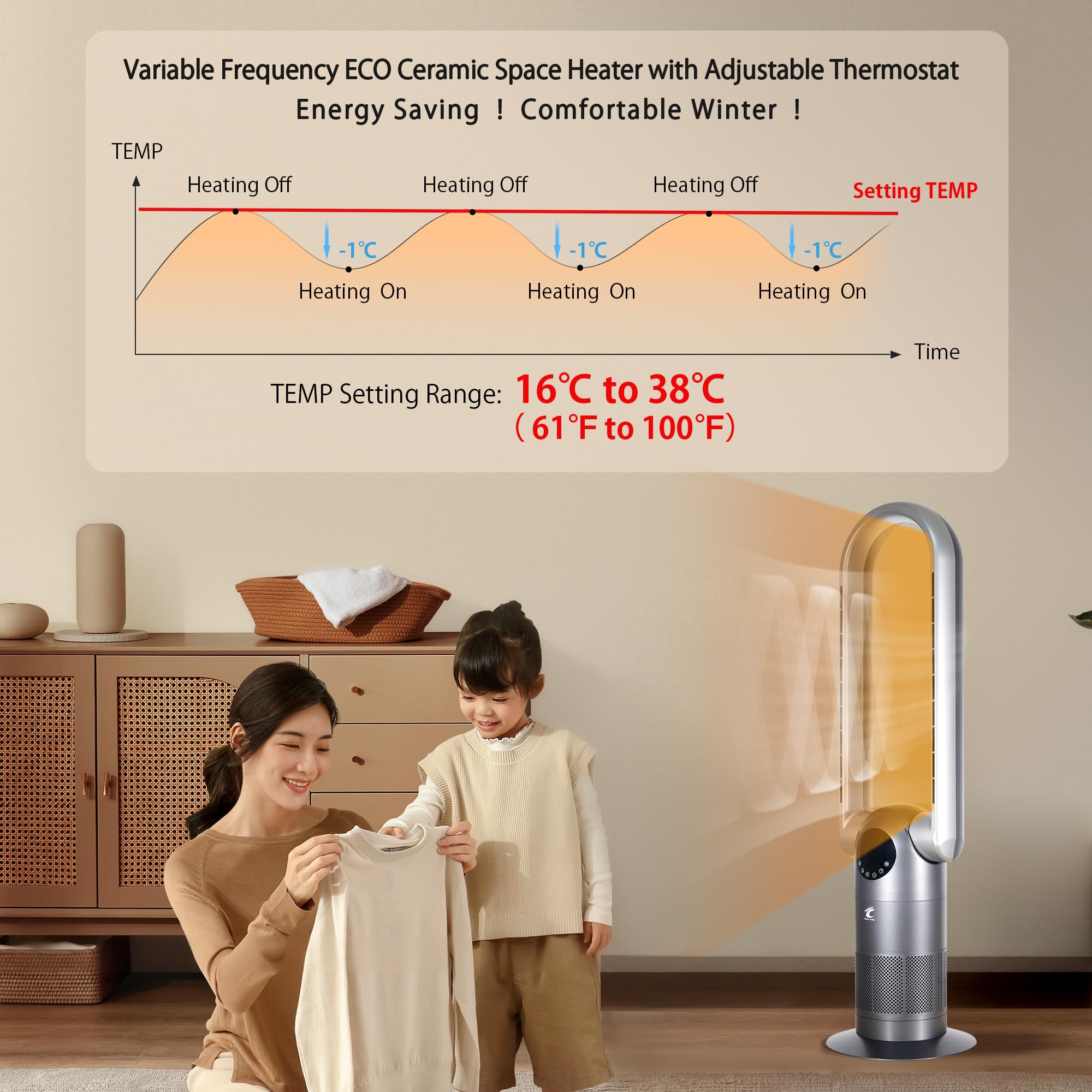 Ocean Loong 1500W Space Heater & 38.6” Bladeless Tower Fan for Home Bedroom, Eco Electric Heater with Adjustable Thermostat, Tip-Over Switch, Remote, Timer, Oscillating Floor Fan, AC68, (Grey)
