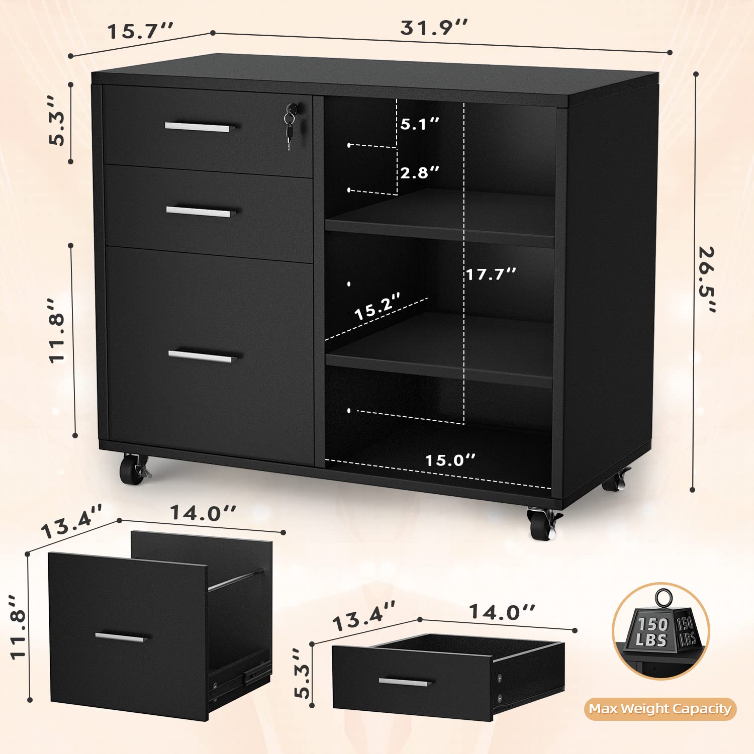 Shahoo 3 Drawer Wood Filing Cabinet, Mobile Lateral Printer Adjustable Open Storage Shelf, Lockable Wheels for Home Office, 15.7"D x 31.8"W x 26.3"H, Dark Black