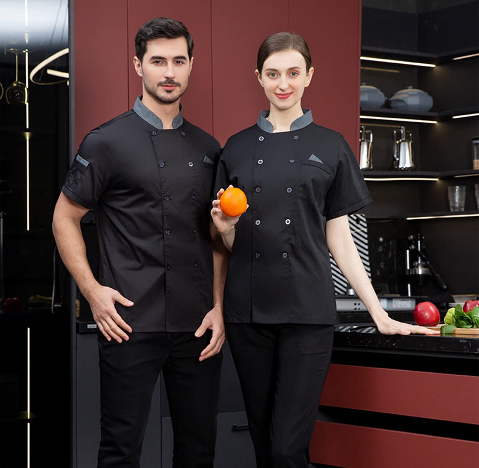 Unisex Double-breasted Chef Coat Back Full Mesh Lightweight Chef Jacket Color Stitching Chef Uniform