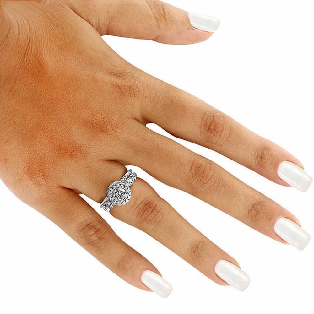 Vintage Wedding Ring Set for Women White Gold 1 Carat Center Moissanite Bridal Sets Wedding Rings Engagement Ring Set Platinum Plated Silver Anniversary Promise Rings for Her with Text Engravingļ¼size 6.5)