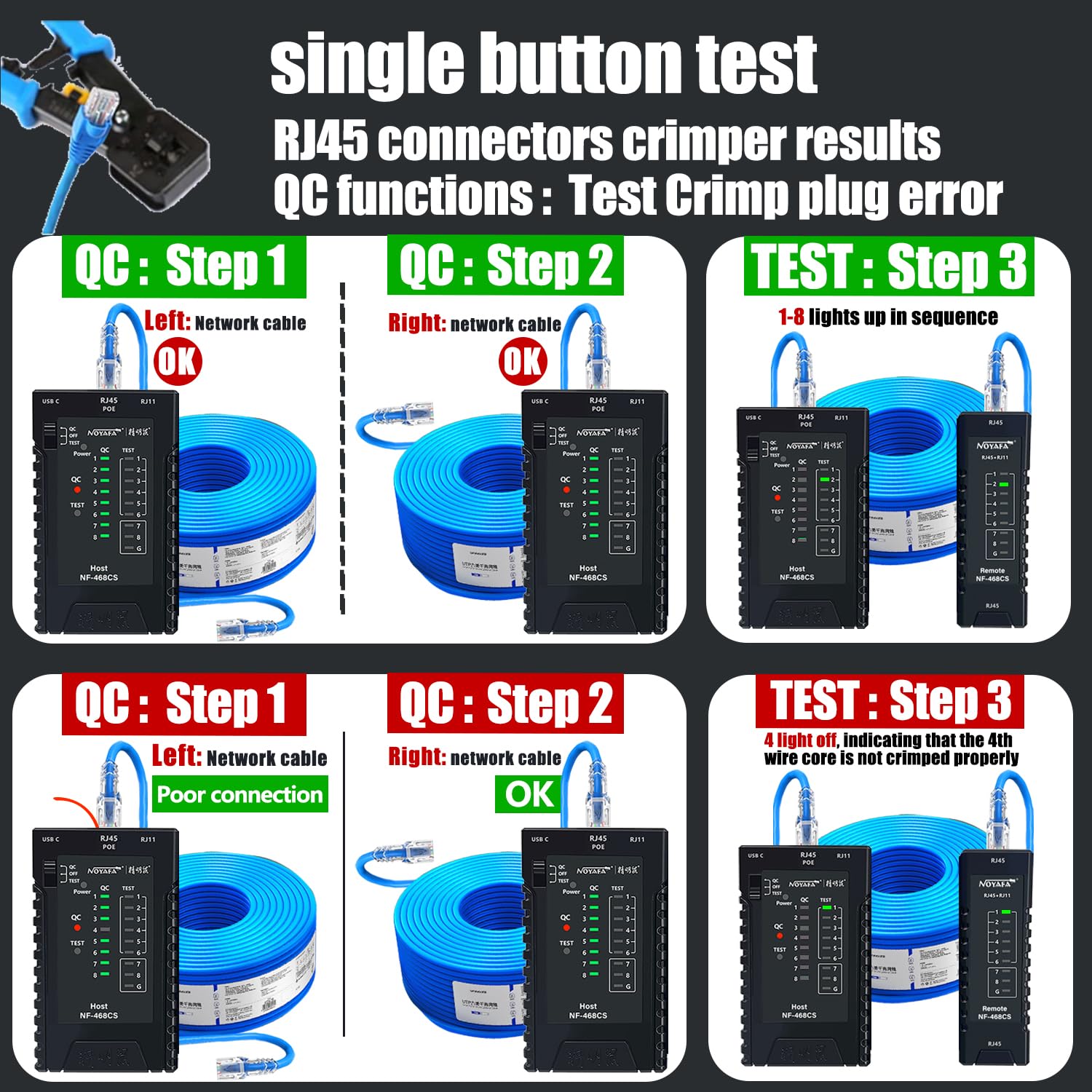 NOYAFA NF-468CS Network Cable Tester Telephone & Continuity Tester Ethernet Cable Mapper for RJ45/RJ11/RJ12/CAT5/CAT6/POE Test UTP/STP Network Test Tool (Black)