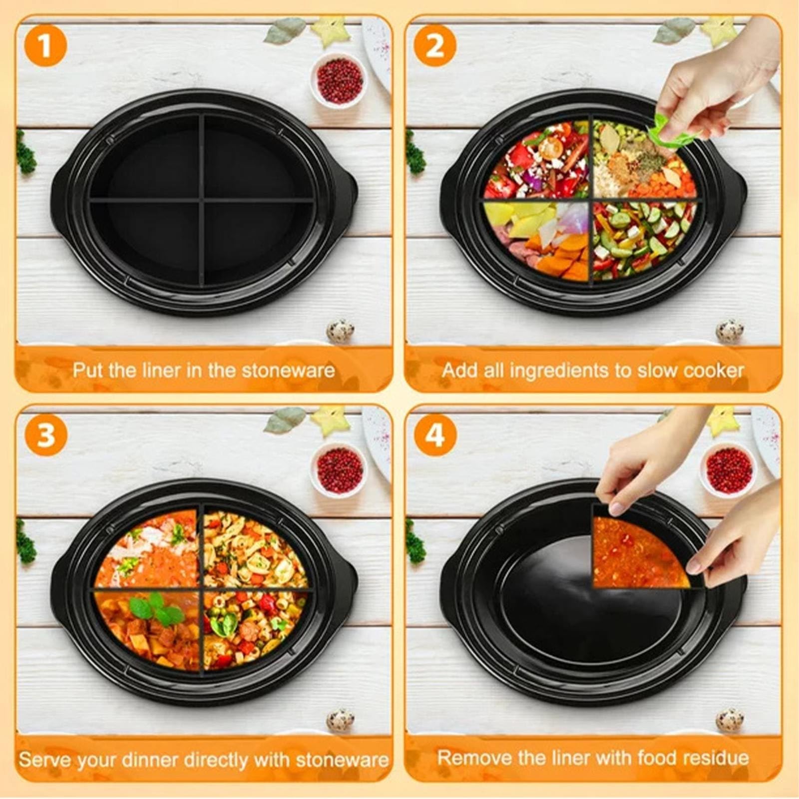 npkgvia Slow Cooker Liners Divider 4 in 1 Silicone Liner Fits 6 Silicone Liner Reusable Food Grade Silicone Cooking Liner for 6 Pot High Thermostability Leak Proo Small Saute Pan (Black, One Size)