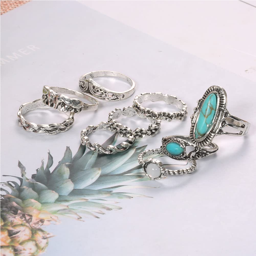 Turquoise Ring Set Silver Rings for Women Stackable Rings Set Opal Middle Finger Ring Flower Knuckle Rings for Women Elephant Ring Midi Rings for Girls Stacking Rings
