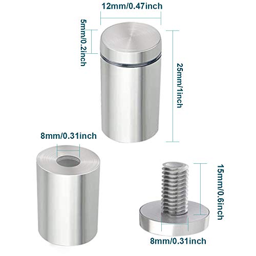 Stainless Steel Standoff Screws, 20Pcs 1/2 x 1 Inch Wall Standoff Sign Holders Screws, Mounting Glass Hardware for Hanging Acrylic Picture Frame, Advertising Screws Kit