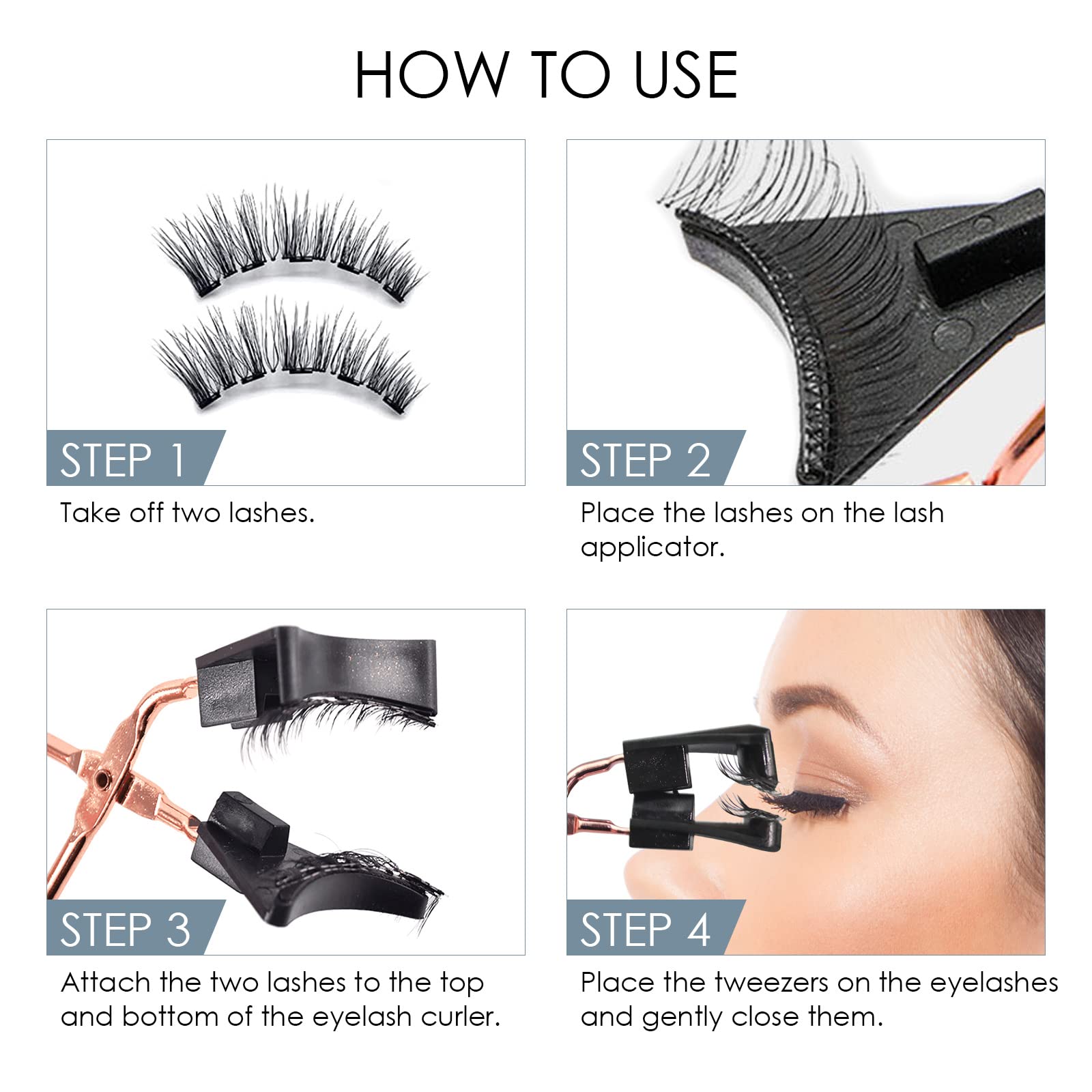 Reusable Magnetic Eyelashes 4 Pairs, Dual 3D Magnetic Lashes without Eyeliner Natural Look, False Eyelashes Extension Kit with Applicator Tweezers