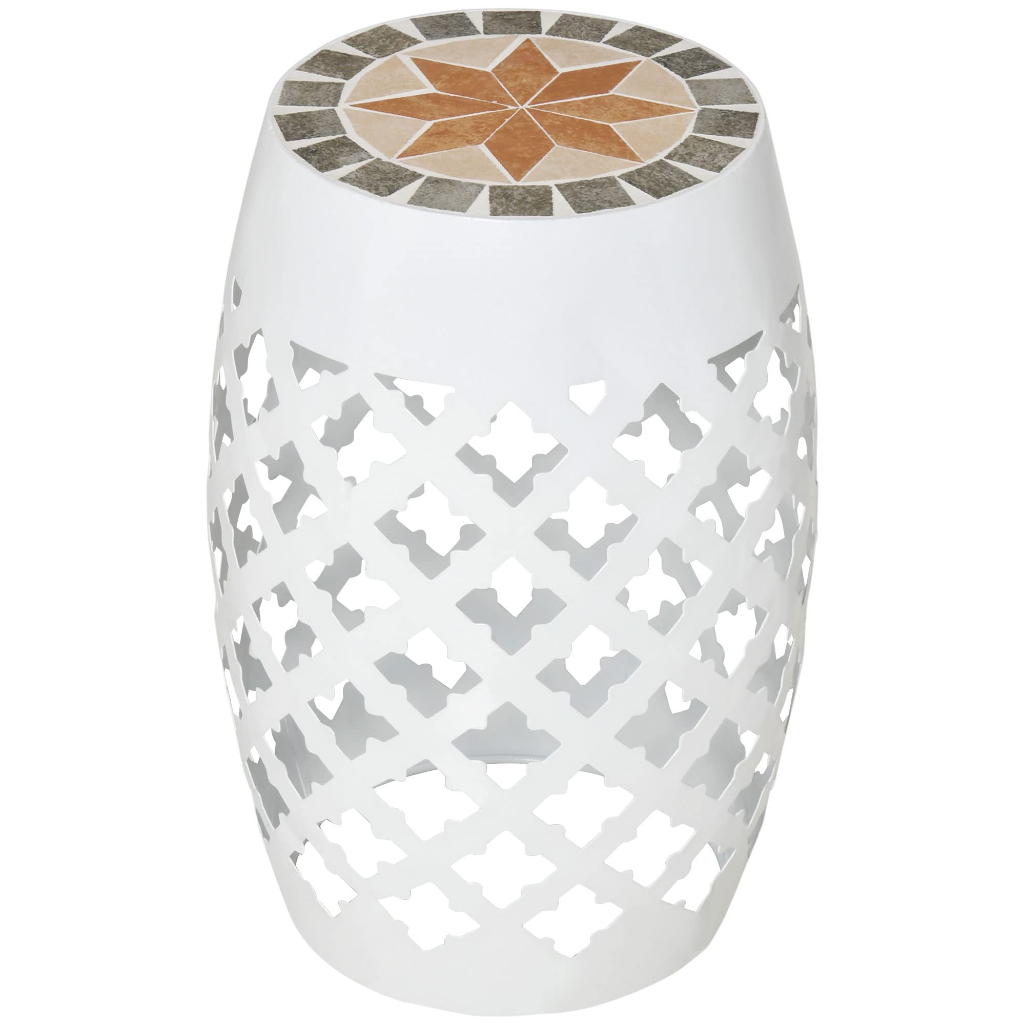 Outsunny 12" Patio Round Side Table, Outdoor Footstool, Garden Mosaic Accent Side Table, Plant Stand, White