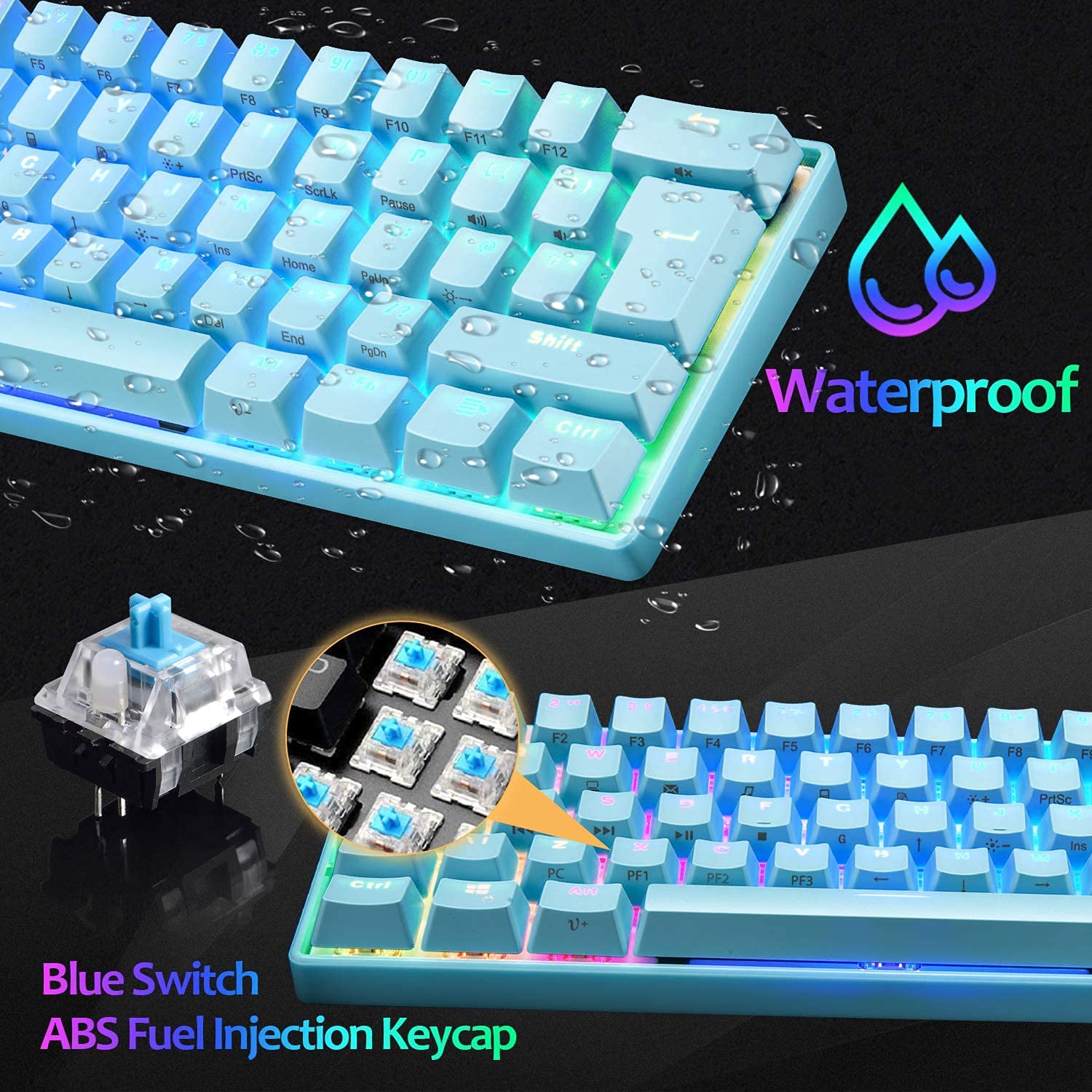 unband UK Layout 60% True Mechanical Gaming Keyboard Type C Wired 61 Keys LED Backlit USB Waterproof Keyboard 14 Chroma RGB Backlight Full Anti-ghosting Keys for Computer/PC/Laptop/MAC (Blue/Blue Swit