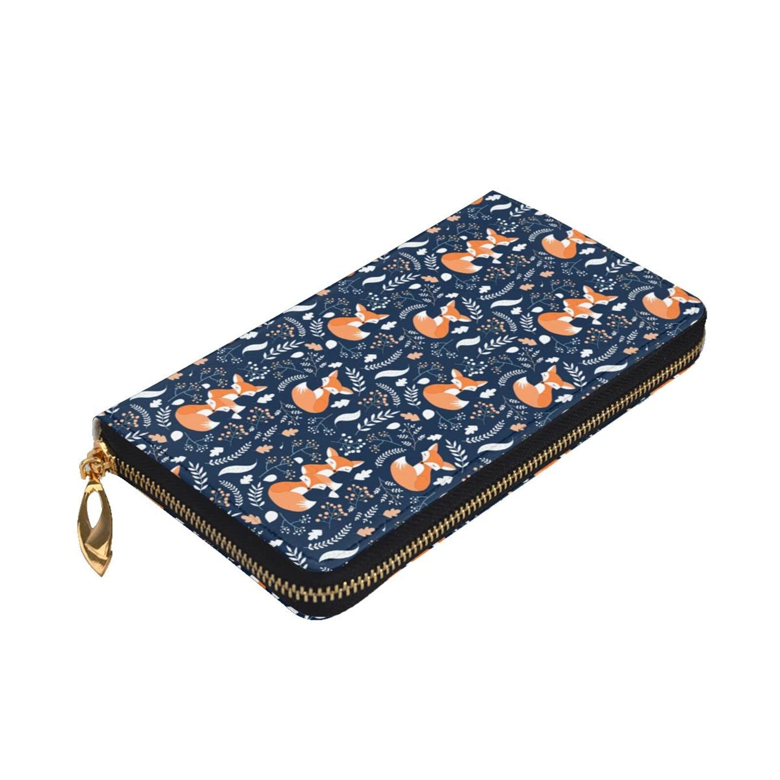 Women Zip Around Long Purse Fox Sleepy Foxes Navy Printed Credit Card Holder Wallet