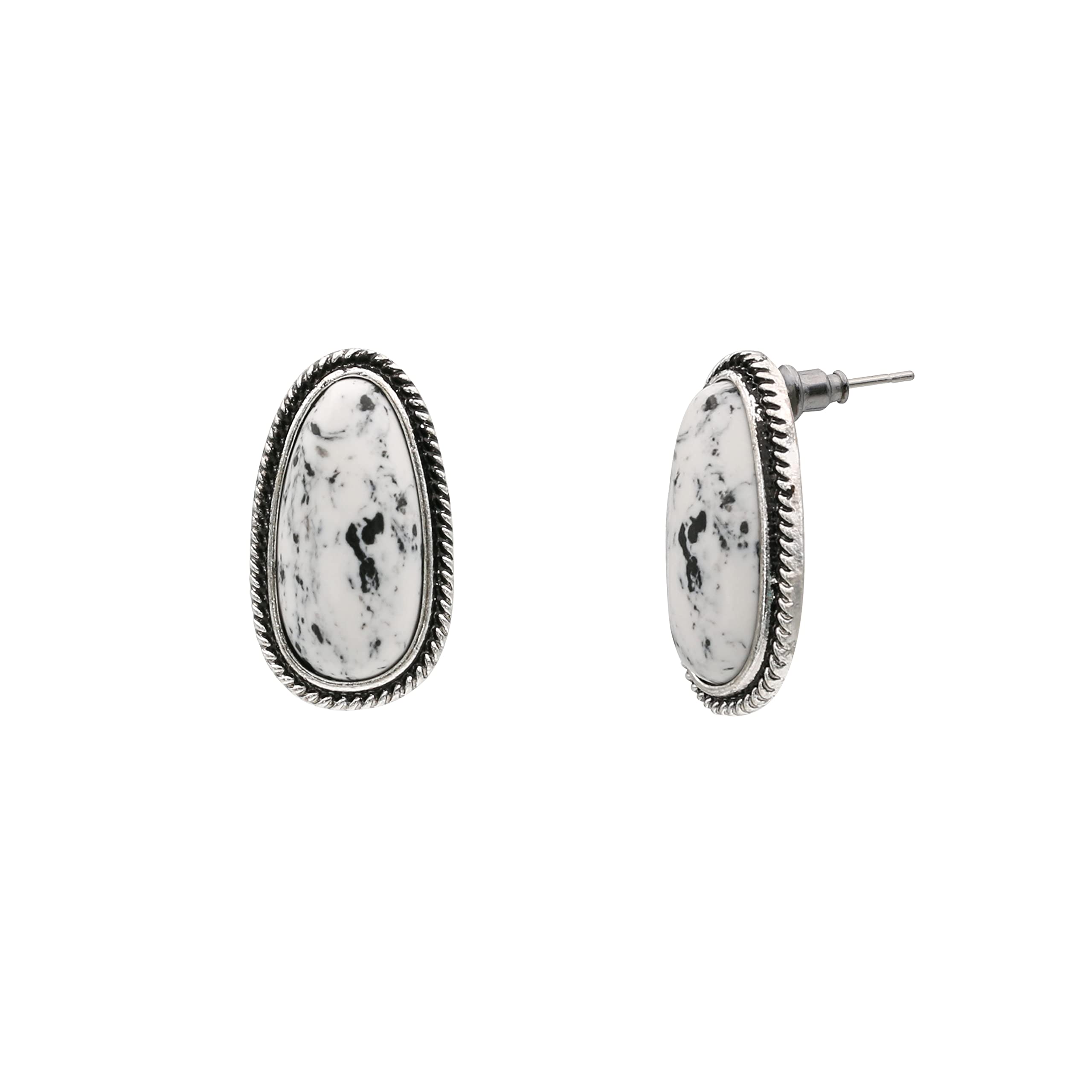 Turquoise Stone Cabochon Antique Silver Oval Post Earrings (Howlite)