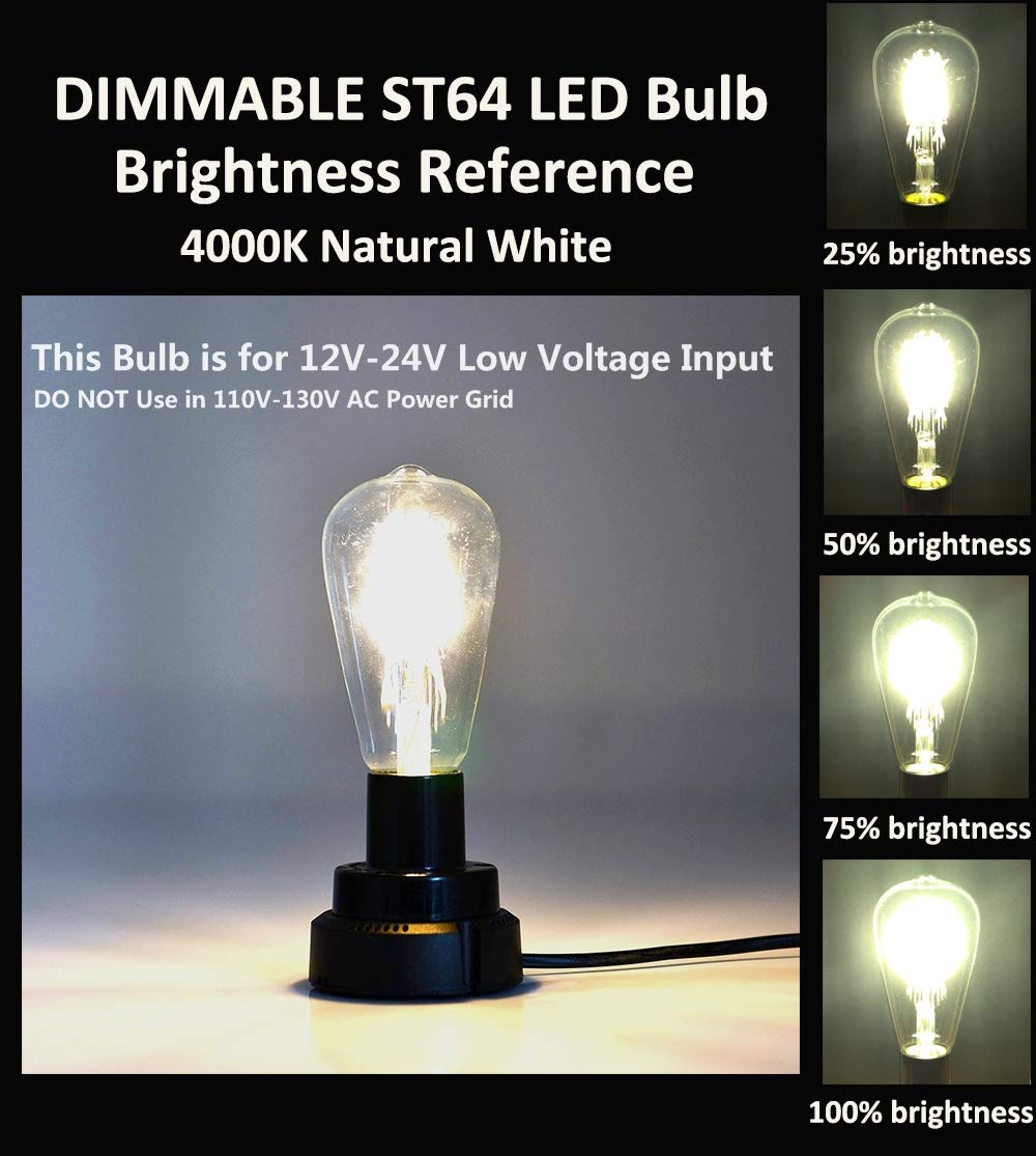 OPALRAY 12V 24V DC Input 8W LED Bulb, ST21(ST64) Style, Dimmable with 12V DC Dimmer, 4000K Bright Neutral White Light, E26 Medium Base Lamp, 80W Incandescent Equivalent, for Low Volt 12V Power, 3 Pack