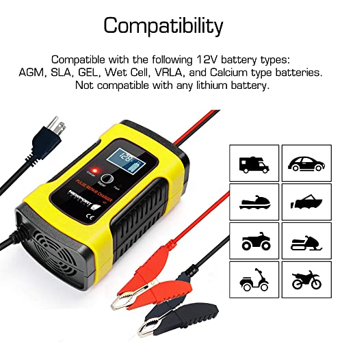 Newport 12V Smart Battery Charger with Pulse Repair Technology, Yellow
