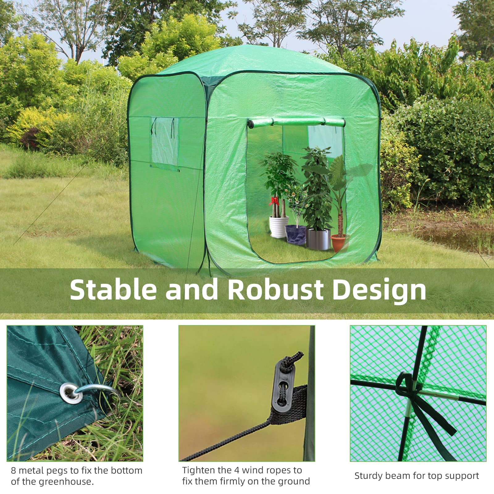 Upgraded Pop-Up Plant Greenhouse for Outdoors with Roll-up Zipper Entry Doors and Windows, Durable PE Cover, Walk-in and Portable Fast Set-up Green House with Ground Pegs & Ropes for Stability