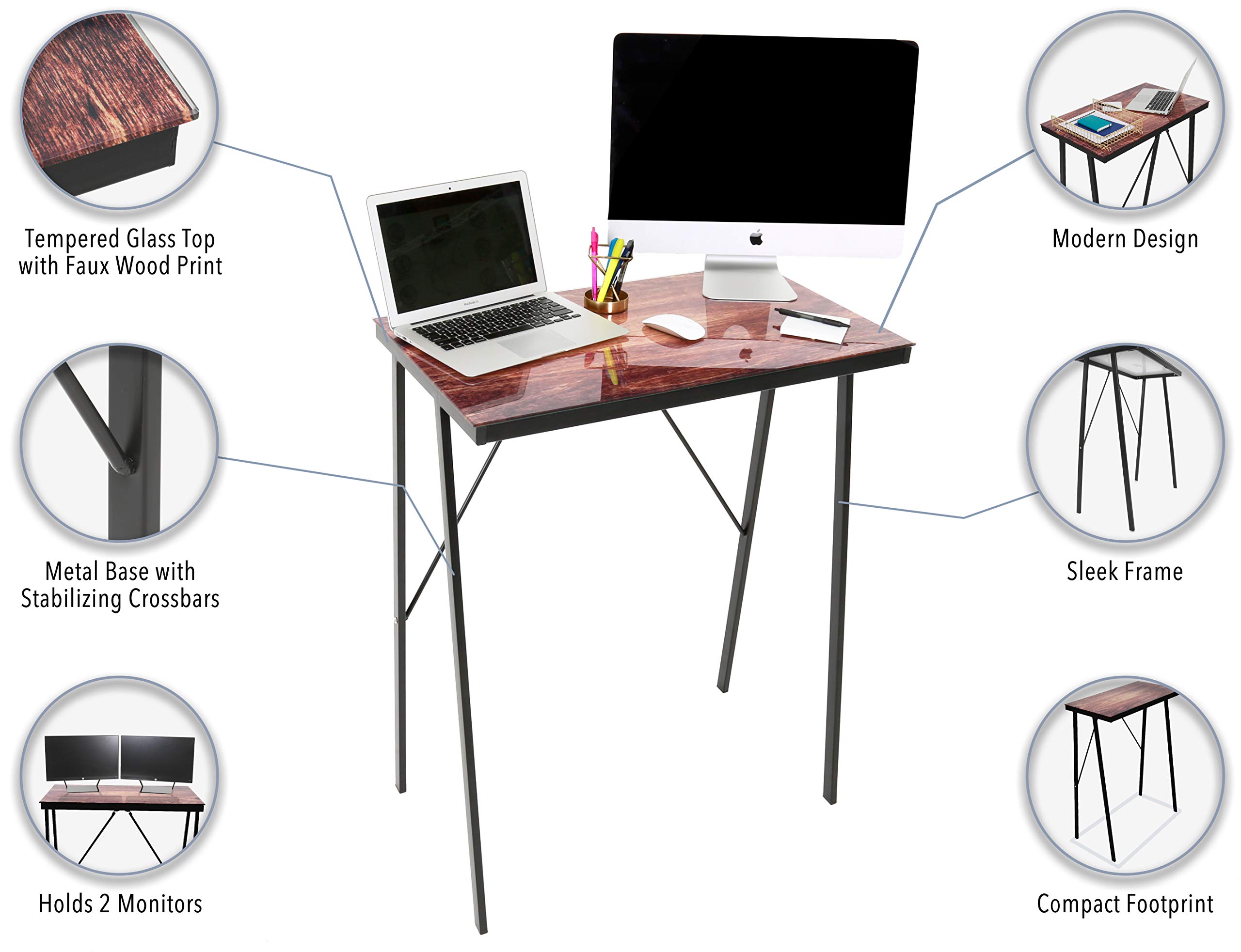 Stand Steady Joy Desk | Compact Multifunctional Standing Table for Home & Office | Modern Glass Top with Stylish Wood Design | Space-Saving Standing Desk for Small Workspaces (Wood / 32in x 41in)