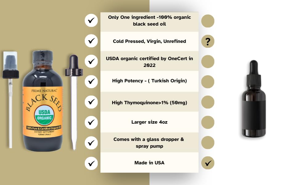 Organic Black Seed Oil 4oz - Cold Pressed Unrefined High Thymoquinone 1.7% USDA Certified - Turkish Origin Potent Nigella Sativa Liquid - Vegan Omega 3 6 9, Antioxidant Immune Boost Joints Skin Hair