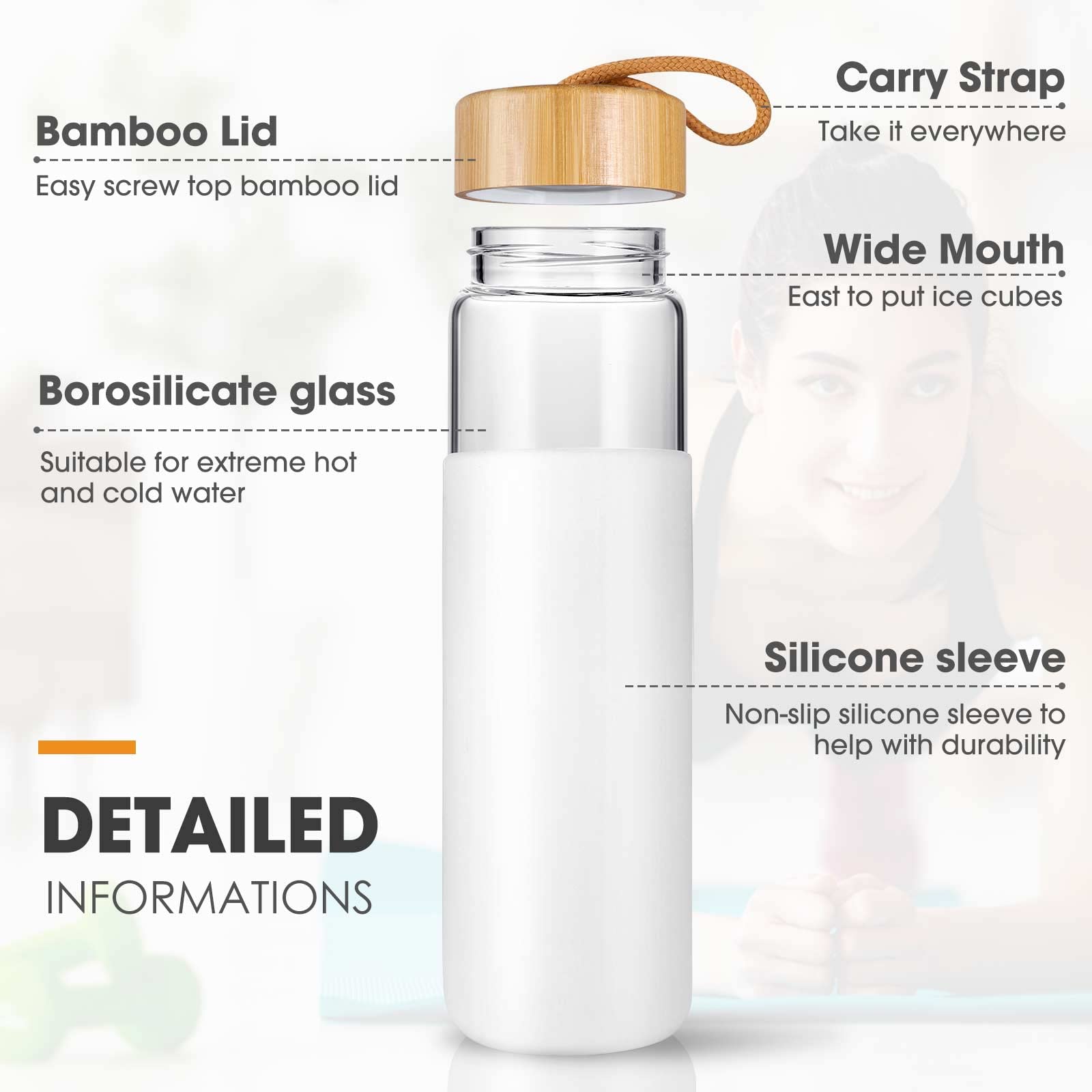 Yomious 20oz Bundle with 25oz Glass Water Bottle with Bamboo Lid and Silicone Sleeve β Reusable BPA Free β Glass Drinking Bottle with Lids
