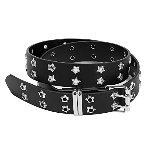 WHIPPY Double Grommet Belt for Women Men PU Leather Double Prong Buckle Vintage Punk Rock Jeans Belts (Black, XL)