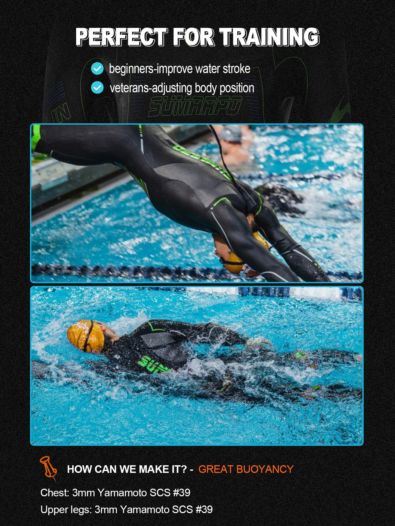 SUMARPO Triathlon Wetsuit Men 3/2mm, ECO-Based Yamamoto SCS Smoothskin Neoprene Skinsuits for Open Water Swimming, Fina & Ironman & USAT Approved