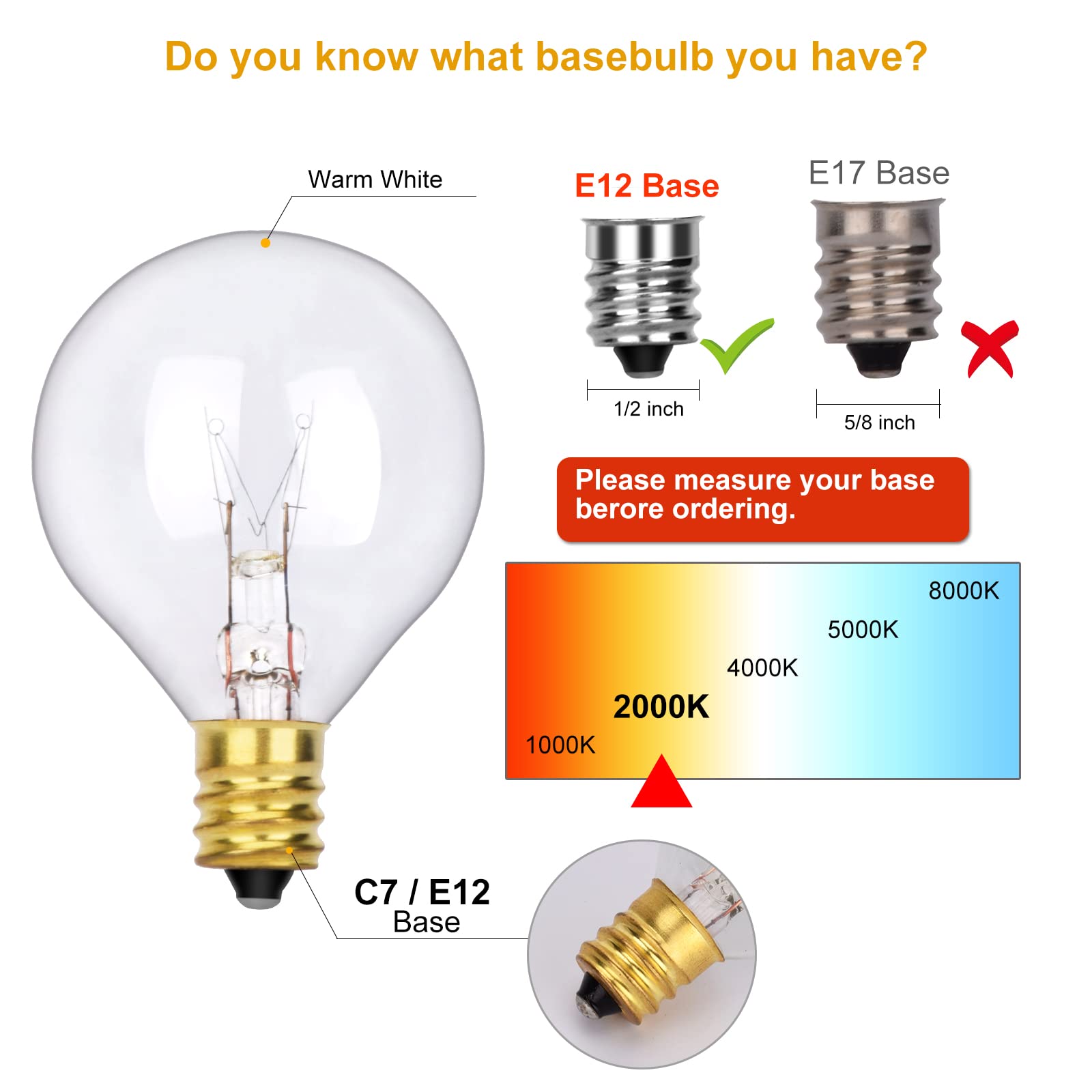 Replacement Bulbs G40 Clear Globe, 1.5 Inch with E12/C7 Candelabra Screw Base, 5 Watt Outdoor String Replacement Bulb for Garden, Patio, Living Room, 25 Pack