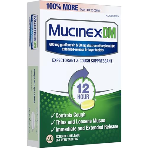 Mucinex DM 12Hr Chest Congestion & Cough Medicine For Adults, Cold And Cough Medicine for Excess Mucus Relief, 600 mg Guaifenesin & 30 mg Dextromethorphan HBr, 40 Bi-Layer Tablets