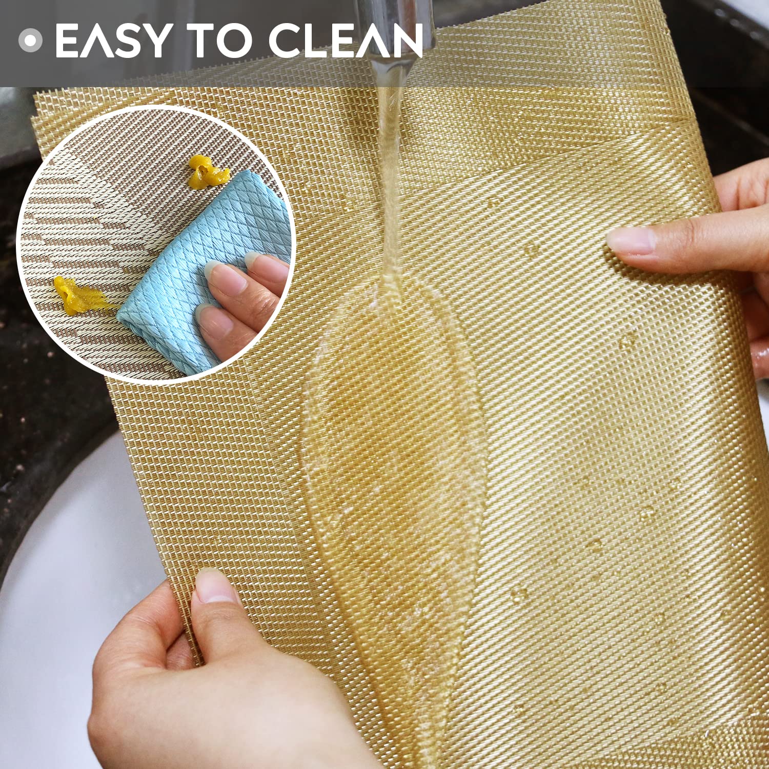 Trophable Placemats Set of 6, Table Placemats Heat Resistant Woven Placemats Washable PVC Place Mats Woven Vinyl Placemats Non-Slip Stain Resistant Kitchen Table Placemats Easy to Clean (Gold)