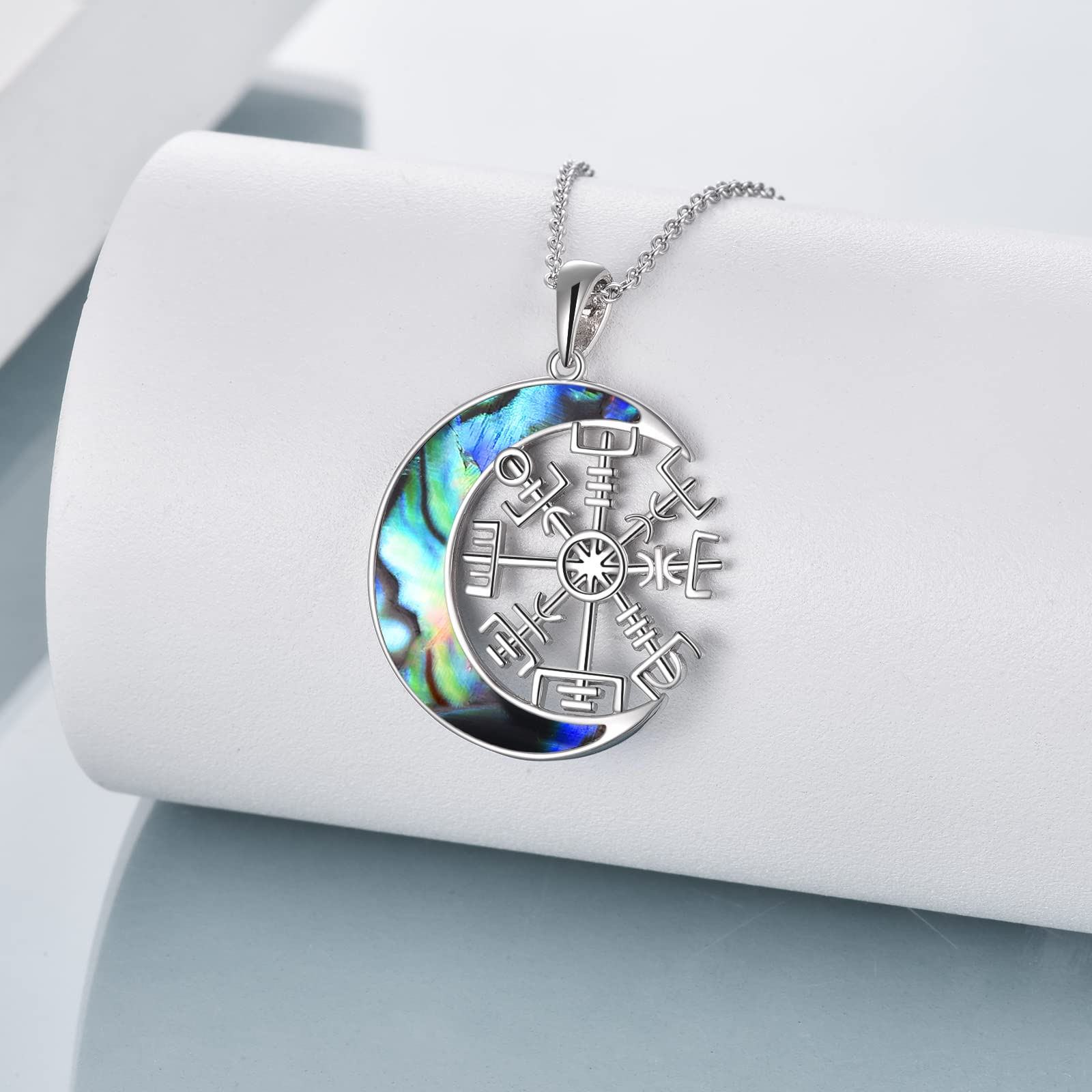 URONE Viking Compass Necklace Sterling Silver Abalone Shell Moon Compass Jewelry for Women Men Norse Vegvisir Pendant Gifts for Nordic Pagan