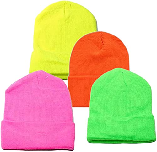 OPT Brand. Wholesale 4 Pieces Unisex Knit Long Cuff Ski Plain Neon Beanie Cap Solid Color Beany (Assorted Colors)