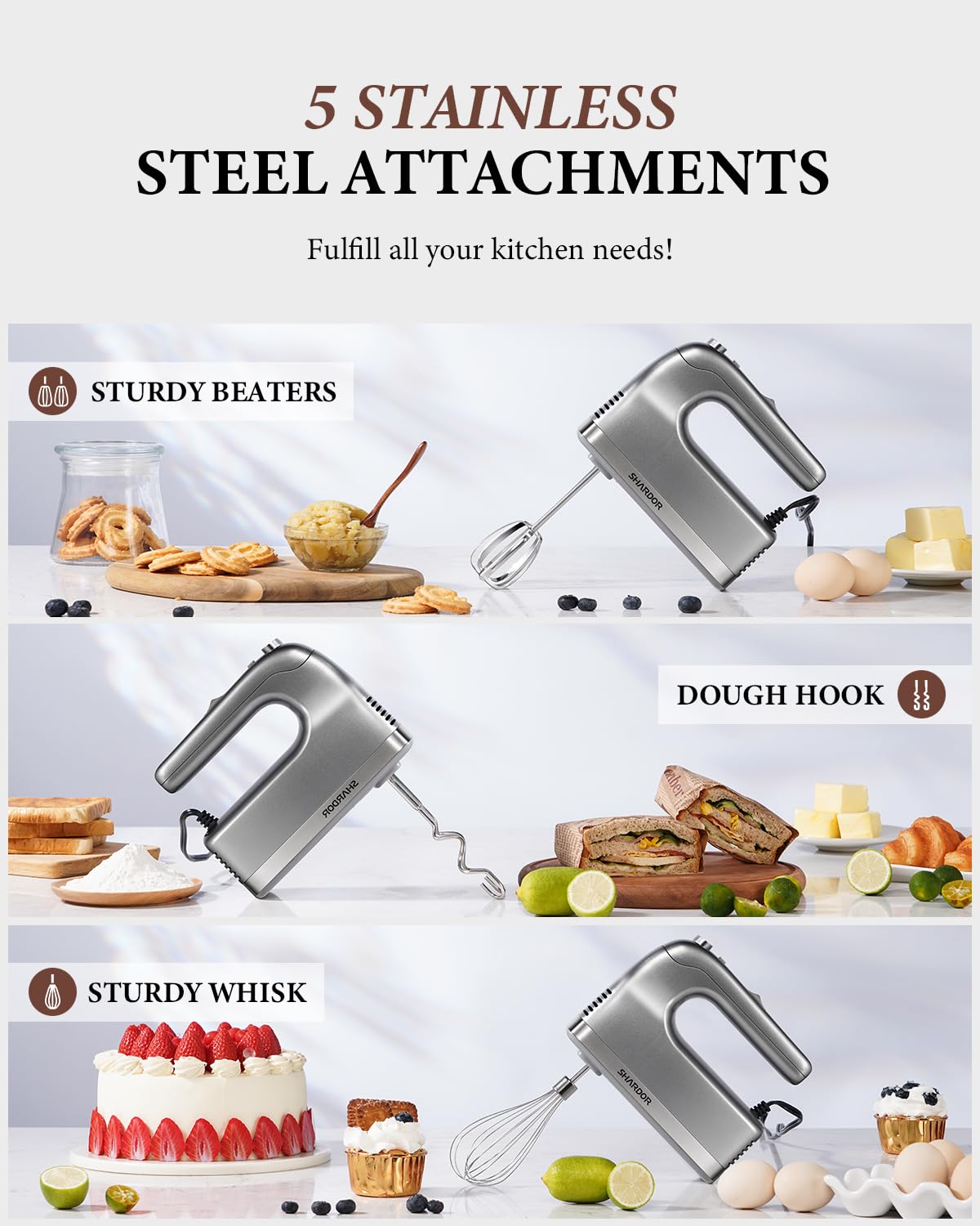 SHARDOR Hand Mixer, 450W Handheld Mixer with Storage Case 5-Speed Plus Turbo Hand Mixer Electric With 5 Stainless Steel Attachments(2 Beaters, 2 Dough Hooks and 1 Whisk), Silver