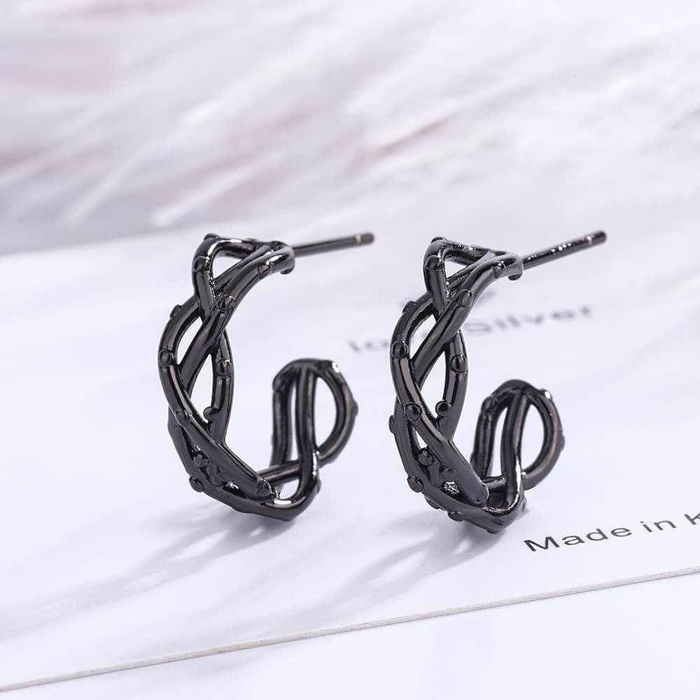 Twig-Shaped Baked Black Gold Stud Earrings, Gothic Style Twig Black Baked Gold Earrings