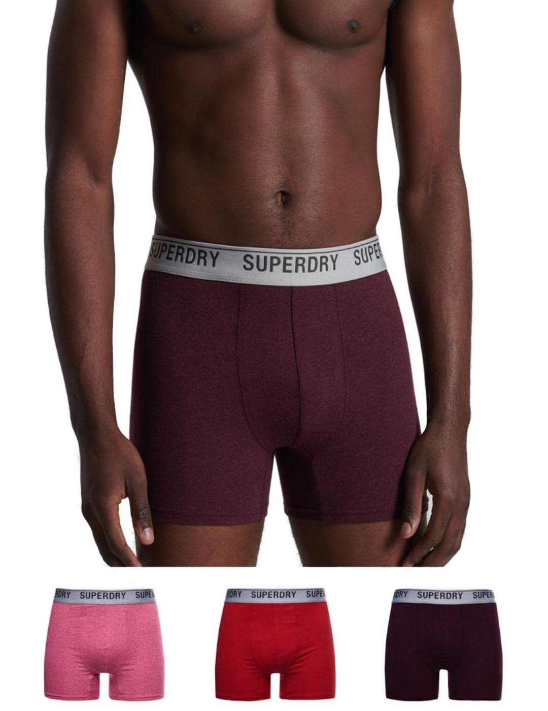 Superdry Mens Organic Cotton Boxers Triple Pack, Elasticated Waistband Burgundy/Red/Pink Size Xl