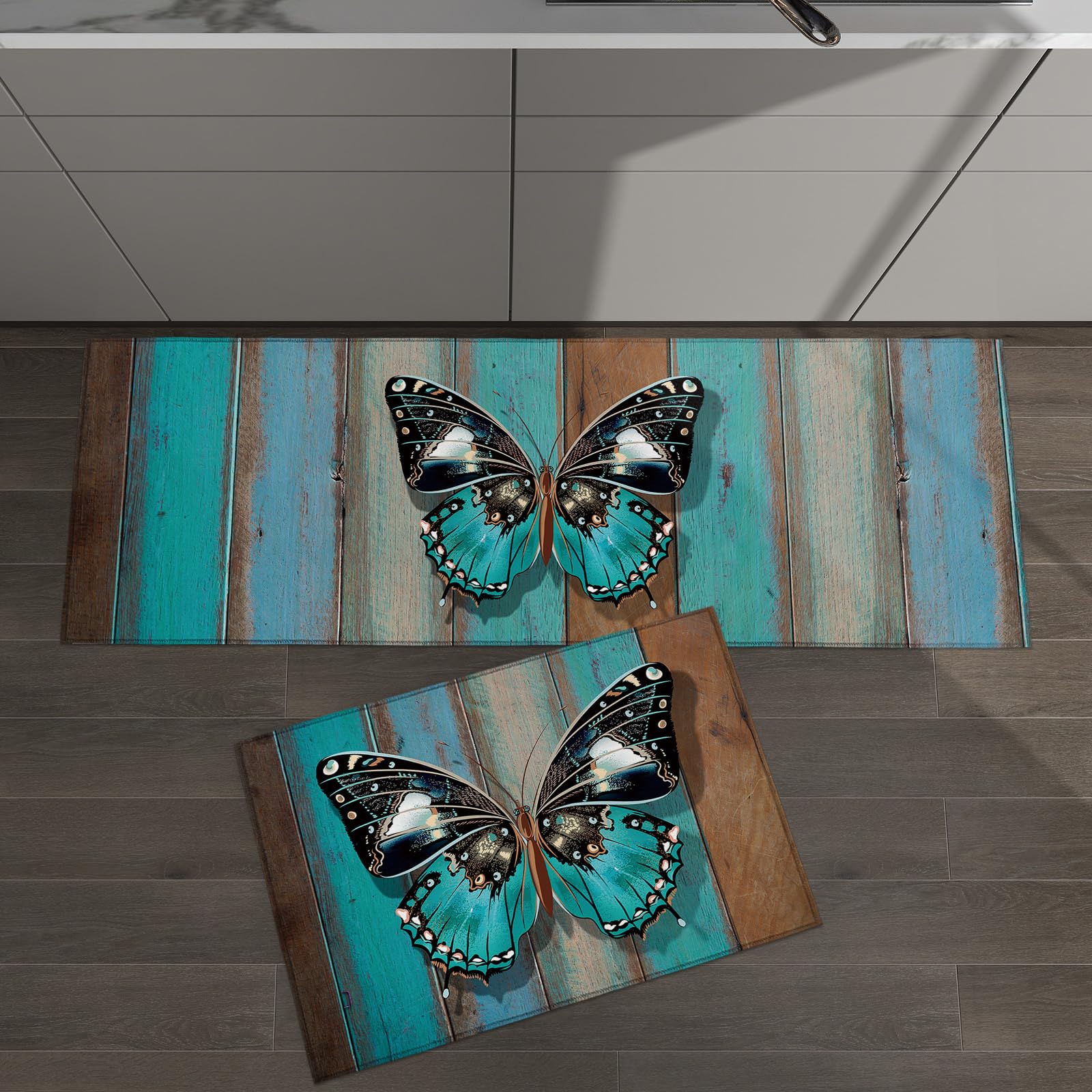 Turquoise Kitchen Mats for Floor Cushioned Anti Fatigue 2 Piece Set Kitchen Runner Rugs Non Skid Washable Wooden Plank Butterfly