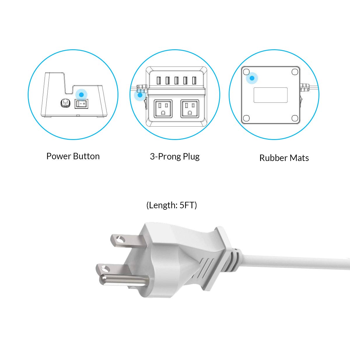 ORICO Desktop Power Strip, 2 Outlet 5 USB Charging Station, 5FT Extension Cord for Office,Dorm Room and Nightstand